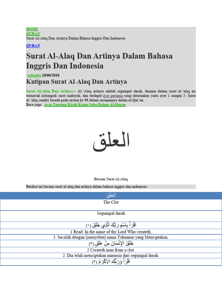 Surat Al-Alaq: Arab & Terjemahan | PDF