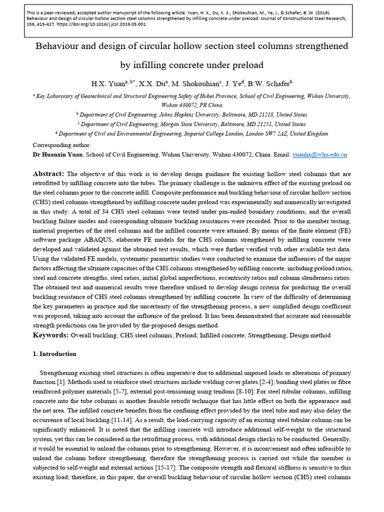 Yuan Etal JCSR 2019 Behaviour and Design of Circular Hollow Section ...