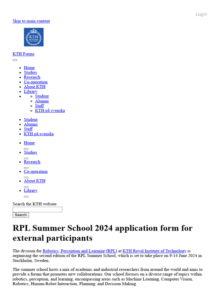 KTH - RPL Summer School 2024 Application Form For External Participants | PDF | Robotics | Robot