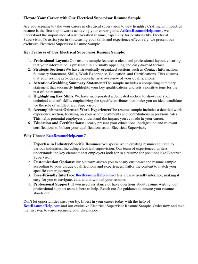 Electrical Supervisor Resume Sample | PDF | Résumé | Safety
