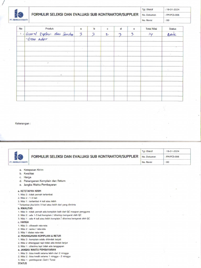 Form Seleksi & Evaluasi Sub Kontraktor | PDF