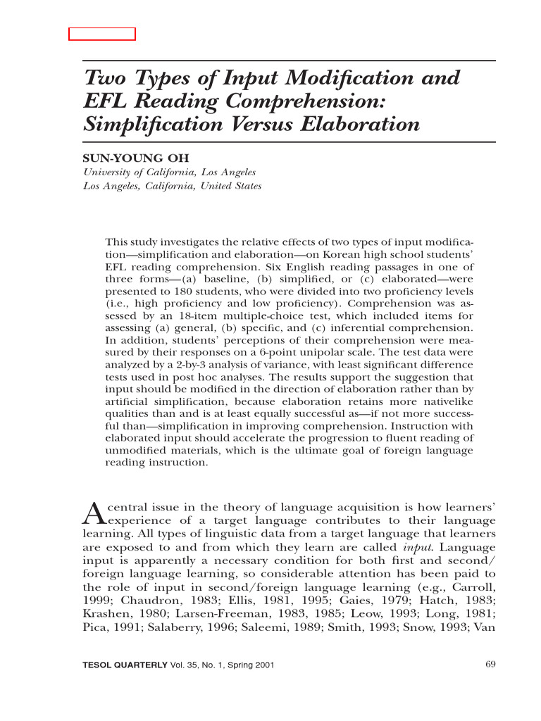 Sun Young Oh - Two Types of Input Modification and EFL Reading Comprehension - Simplification ...