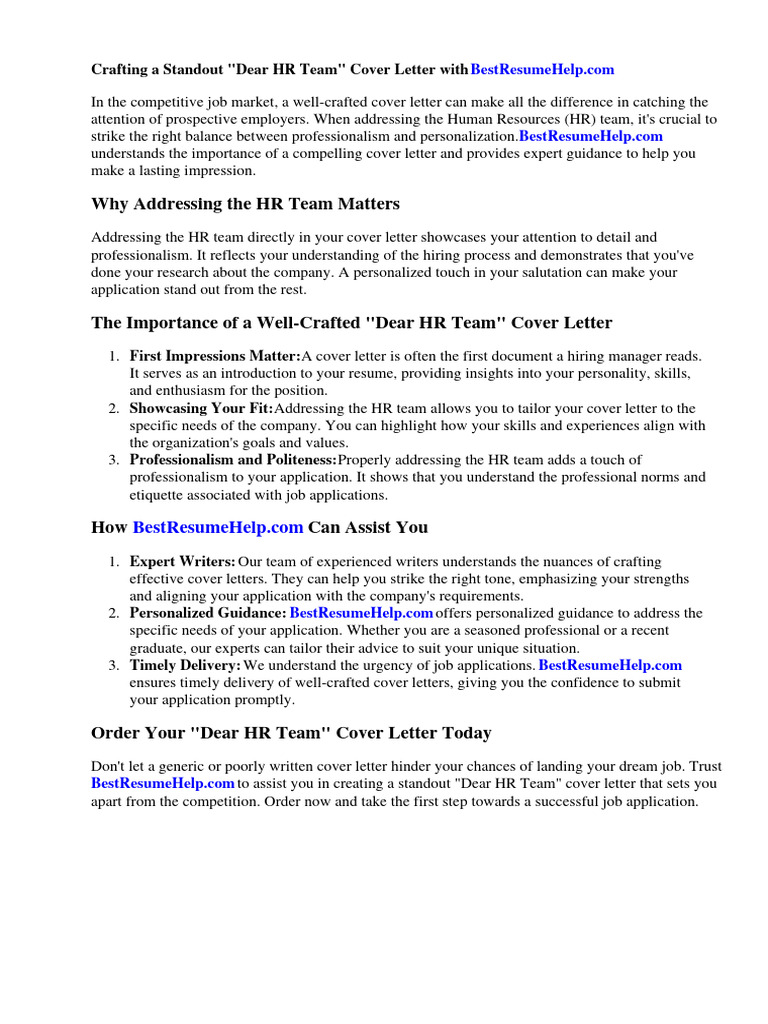 Dear HR Team Cover Letter | Download Free PDF | Human Resources | Human ...