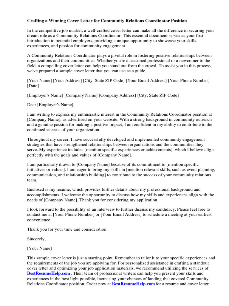 Sample Cover Letter For Community Relations Coordinator | Download Free ...