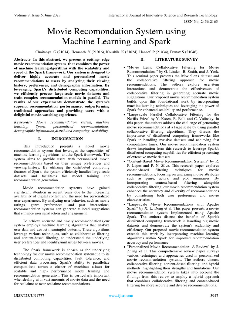 Movie Recomondation System using Machine Learning and Spark | PDF | Apache Spark | Matrix ...