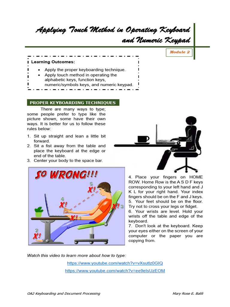 OA2 - M2 - Applying Touch Method in Operating Keyboard and Numeric Keypad | PDF | Computer ...