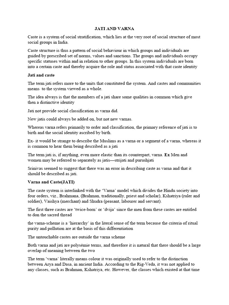 JATI AND VARNA Summary | PDF | Caste | Social Divisions