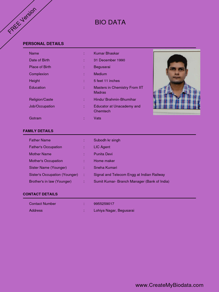 Kumar Bhaskar - Biodata (By Createmybiodata - Com) | PDF
