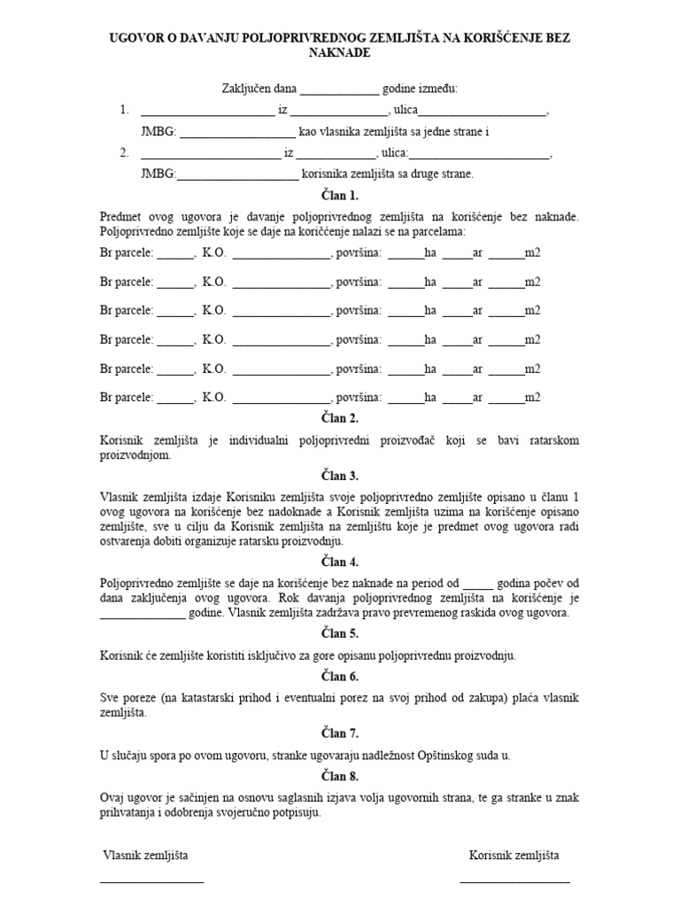 Ugovor o Zakupu Poljoprivrednog Zemljišta Bez Naknade | PDF