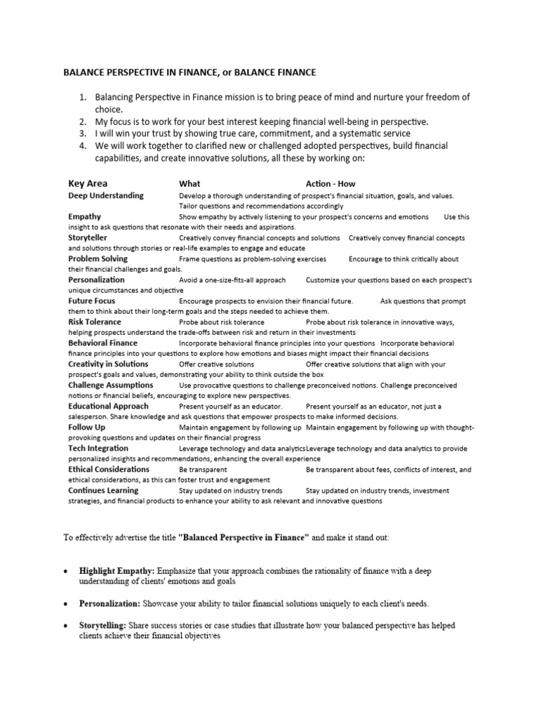 BALANCE PERSPECTIVE IN FINANCE For BOOK | PDF | Risk | Goal