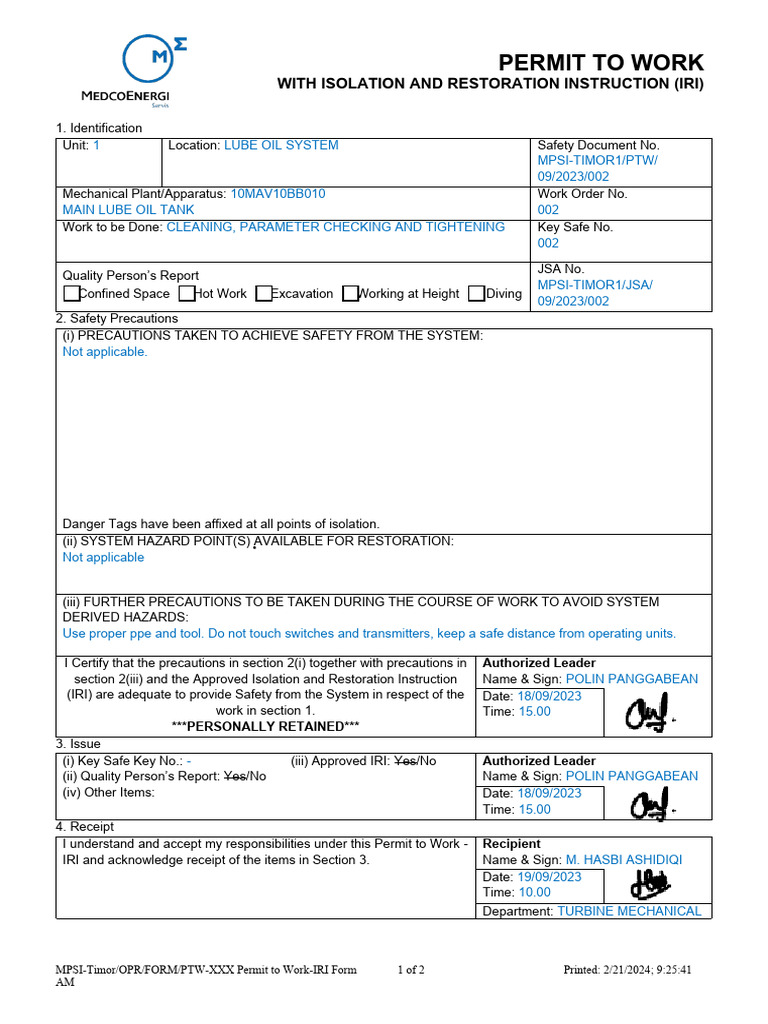 PTW Sample-Lube Oil System | PDF | Occupational Safety And Health | Safety
