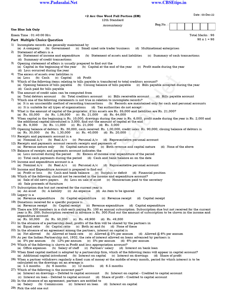 12th Accountancy One Word Question Paper With Answer Keys English Medium PDF Download | PDF ...