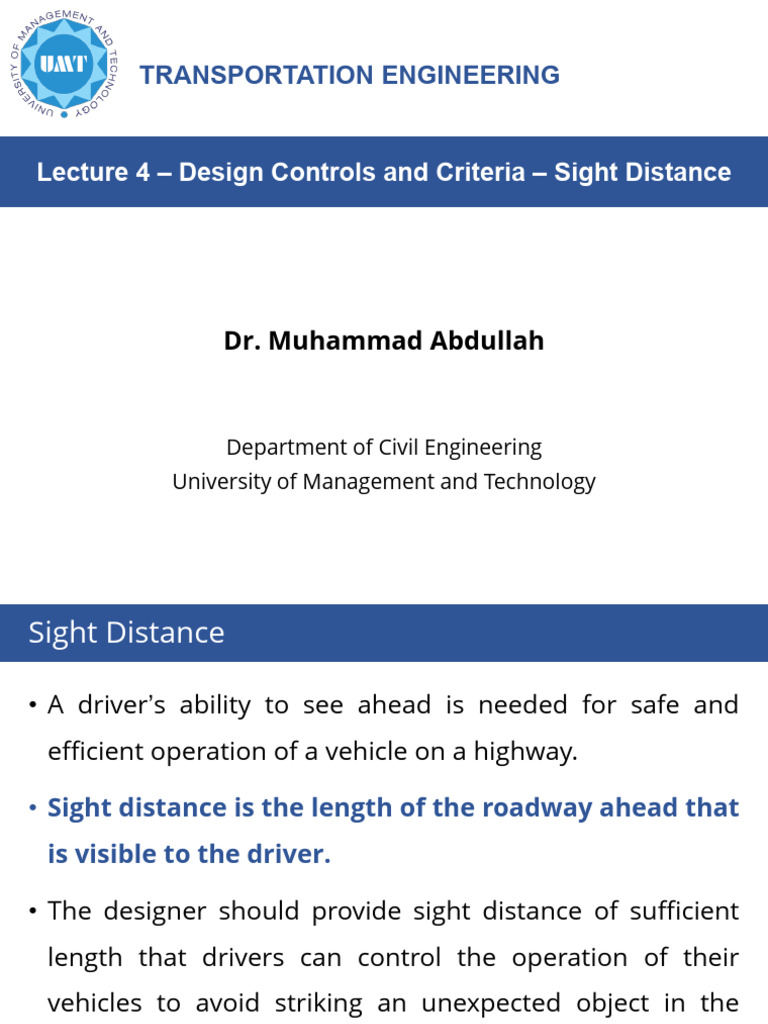 Lecture 4 - Design Controls and Criteria - Sight Distance | PDF | Traffic | Transport Infrastructure