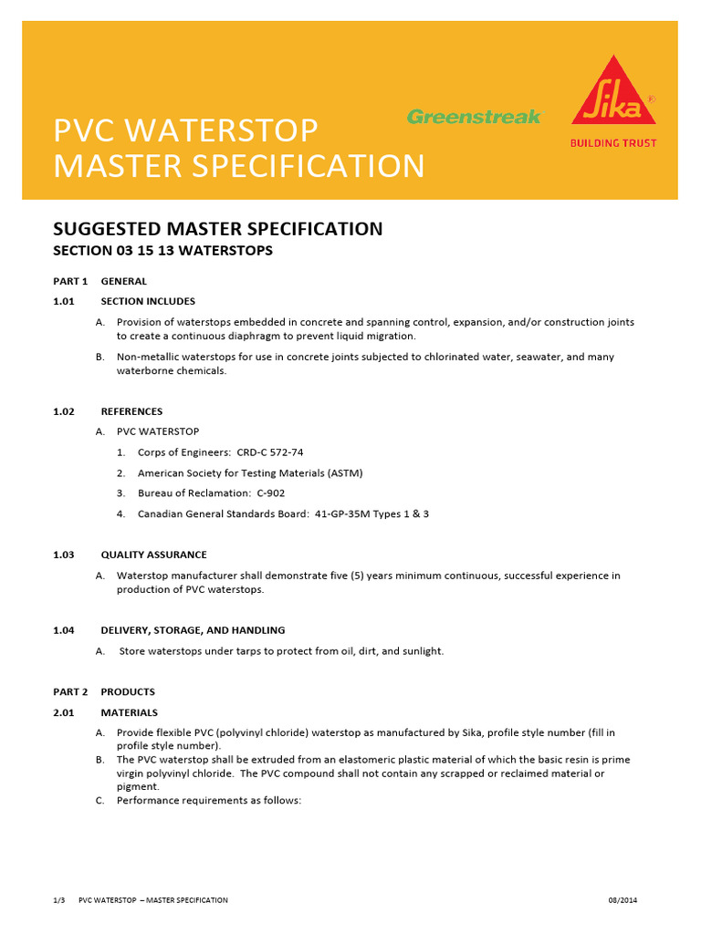 Suggested Specification For PVC Waterstop - Greenstreak | PDF ...