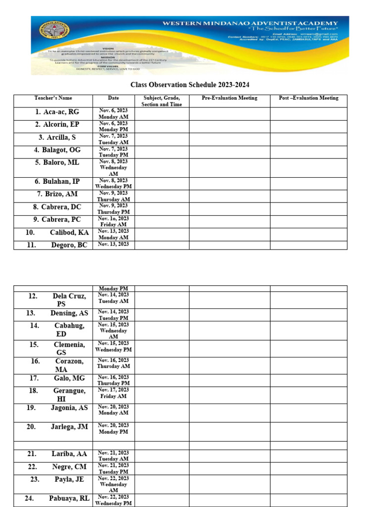 CLASS OBSERVATION SCHEDULE 2023-2024 | PDF