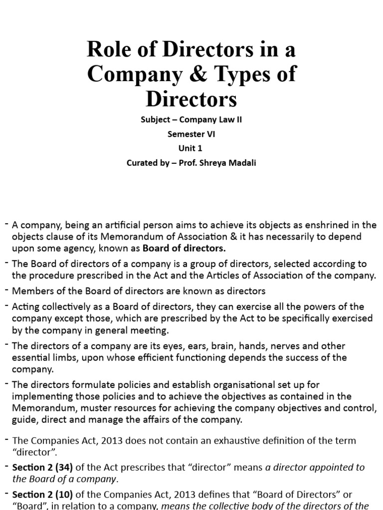 Unit 1 - Role of Director in A Company & Types of Directors | PDF ...
