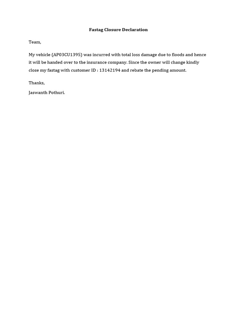 Fastag Closure Request for Vehicle Loss | PDF