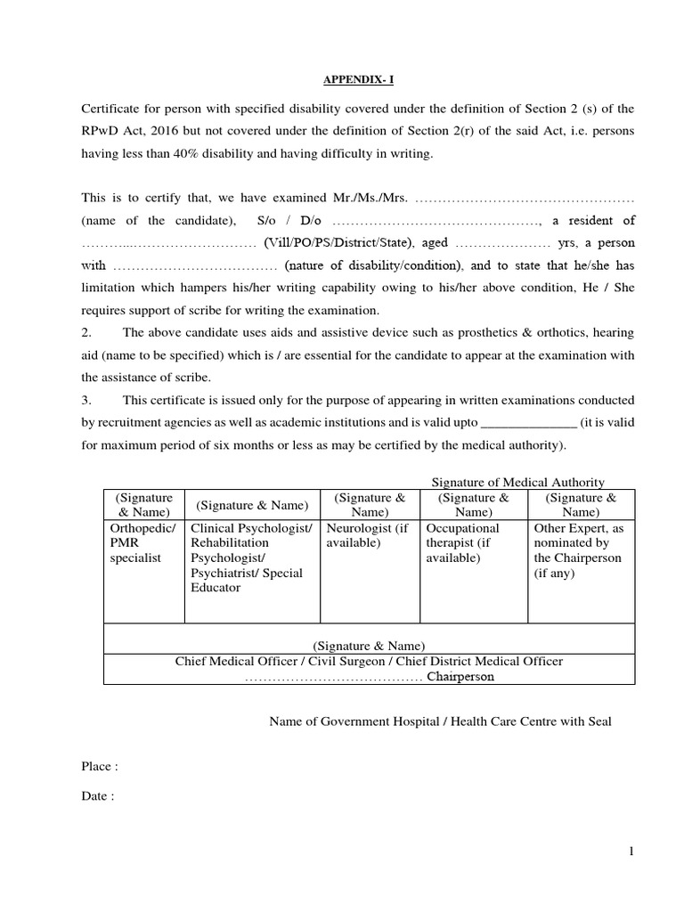 Scribe Declaration Form (Specified Disabilities) | PDF | Psychologist ...