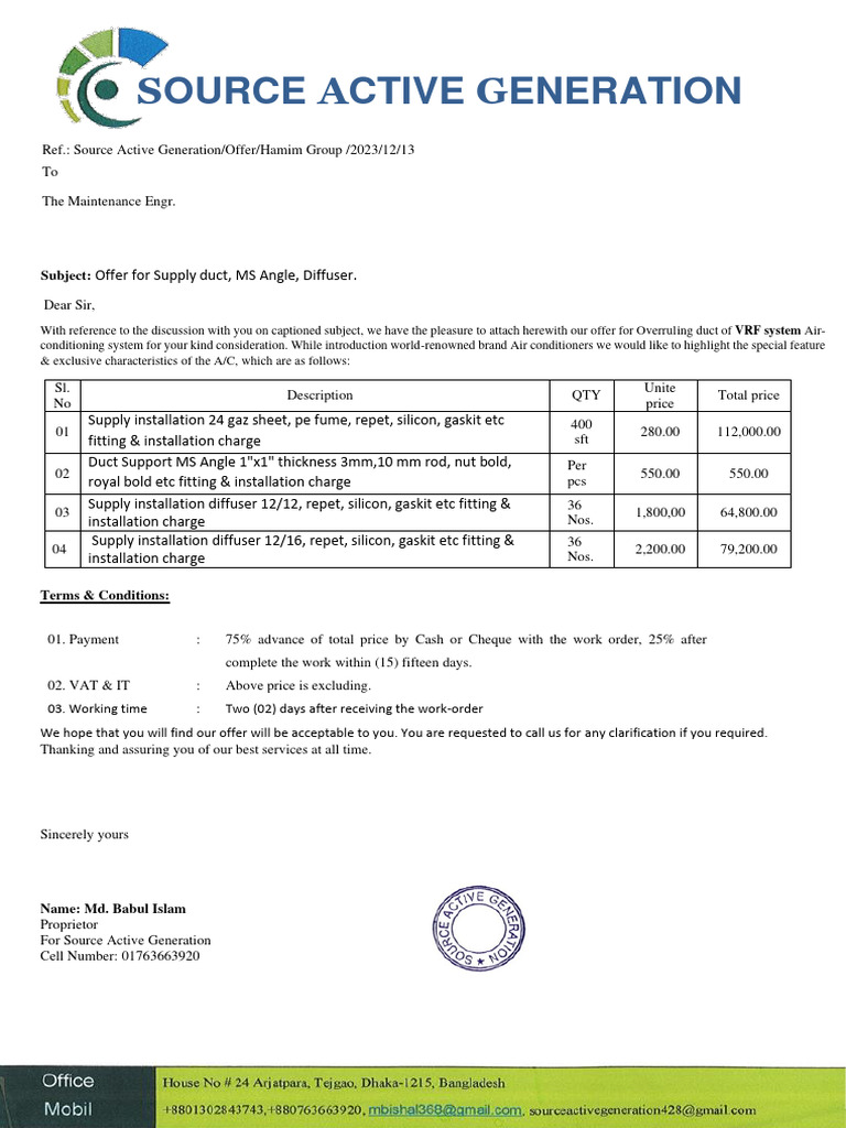 SAG Offer For Hamim Group | PDF