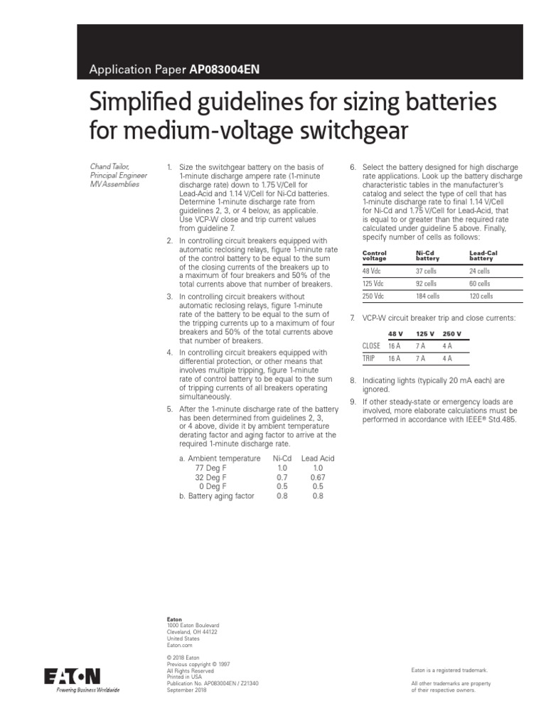 Simplified Guidelines Sizing Batteries MV Switchgear Ap083004en | PDF ...