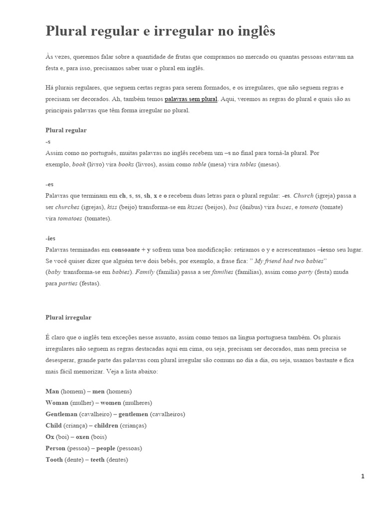 Regras do Plural em Inglês | PDF | Assunto (gramática) | Palavra