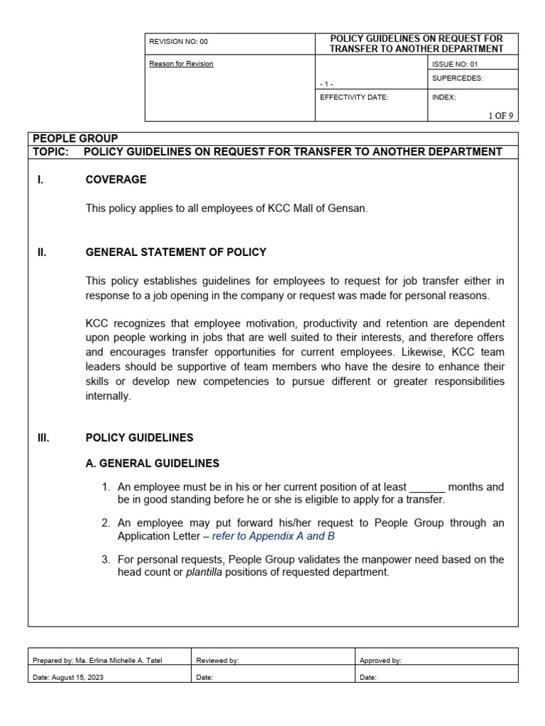 Policy Guidelines On Request For Transfer To Another Department ...