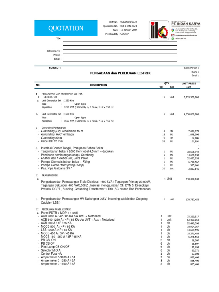 QUOTATION GENSET dan Trafo | PDF