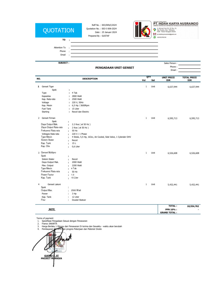 QUOTATION UNIT GENSET 2000 Watt | PDF | Energy Conversion | Energy ...