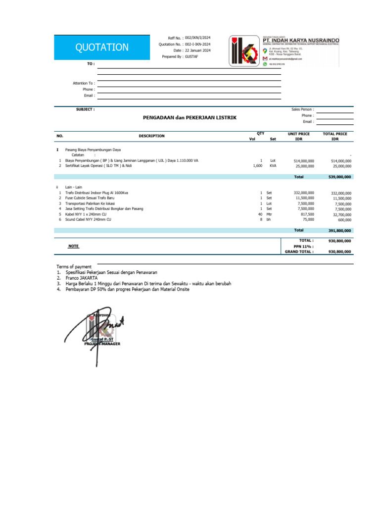 QUOTATION Biaya Penyambungan Rev - II | PDF