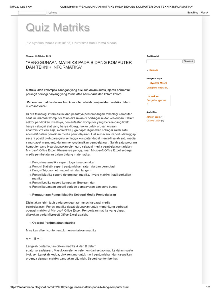 Ahmad Safiul Muzaqi ''Penggunaan Matriks Pada Bidang Komputer Dan Teknik Informatika | PDF ...