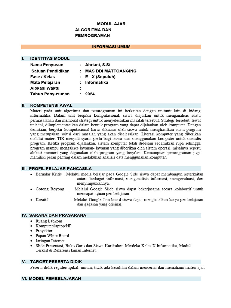 Modul Ajar Algoritma Dan Pemrograman | PDF | Karier & Perkembangan | Seni