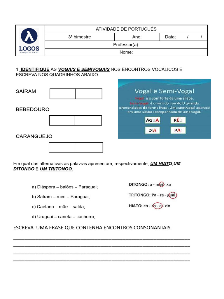 19-02 Português Vogal e Semi Vogal Ditongo Tritongo Hiato | PDF