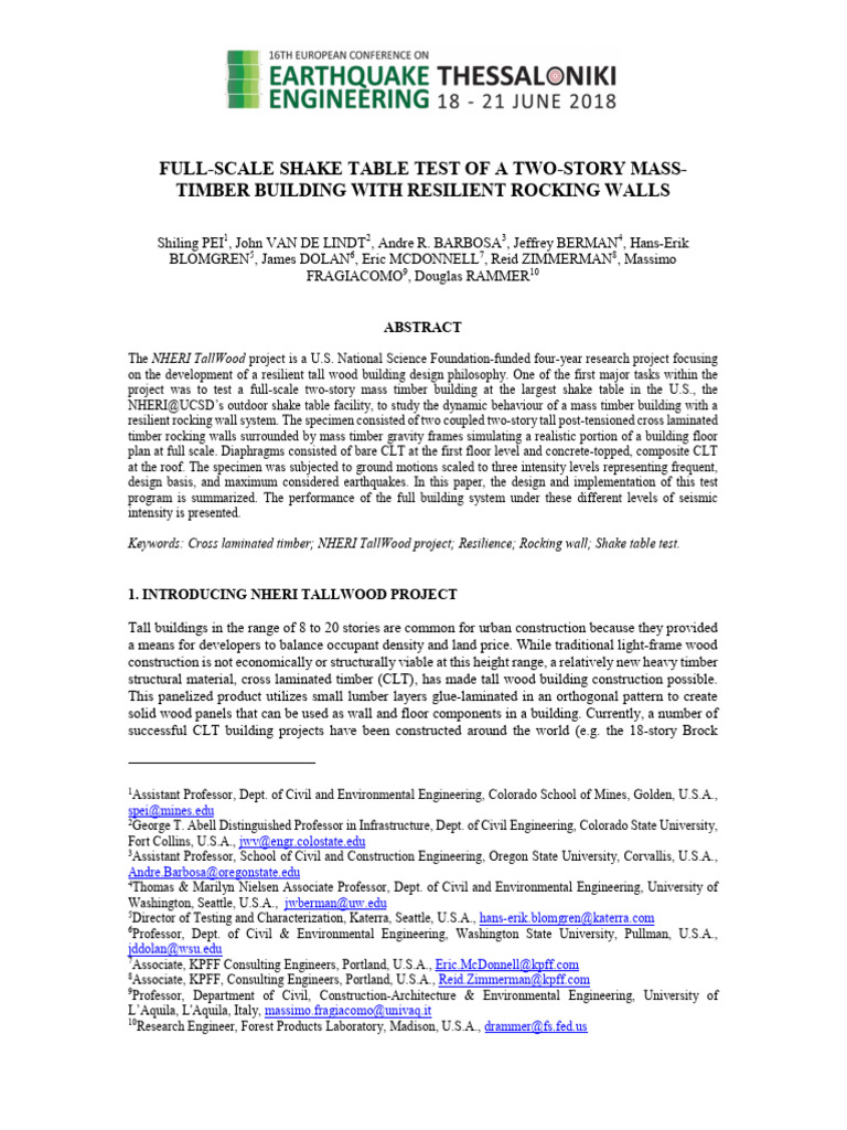 Full-Scale Shake Table Test of A Two-Story Mass-Timber Building With ...