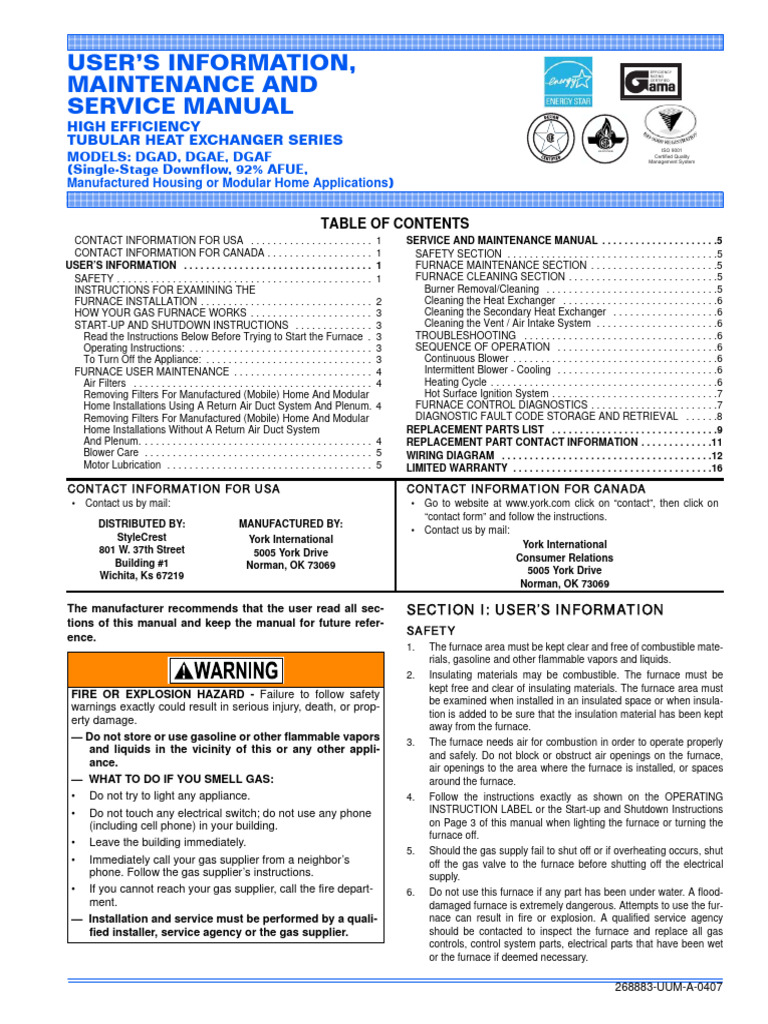 DGAD, DGAE, DGAF Evcon Furnace User's Information, Maintenance and ...