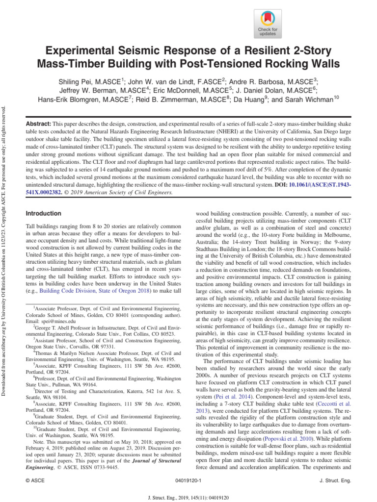 Experimental Seismic Response of A Resilient 2-Story Mass-Timber Building With Post-Tensioned ...