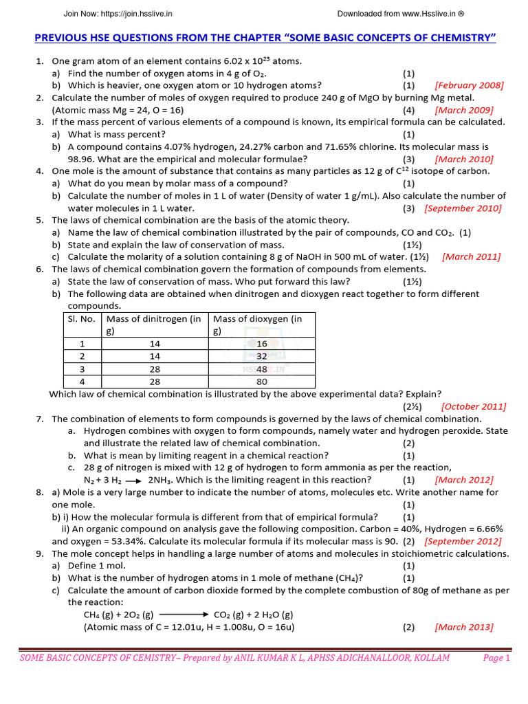 Hsslive Xi Chem Prvs QN 1. Some Basic Concepts | PDF | Mole (Unit) | Molecules