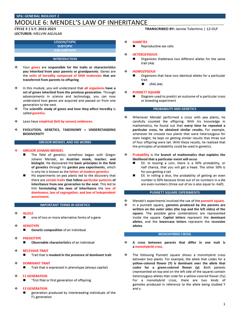 Bio2 Module 6 | PDF | Dominance (Genetics) | Genotype