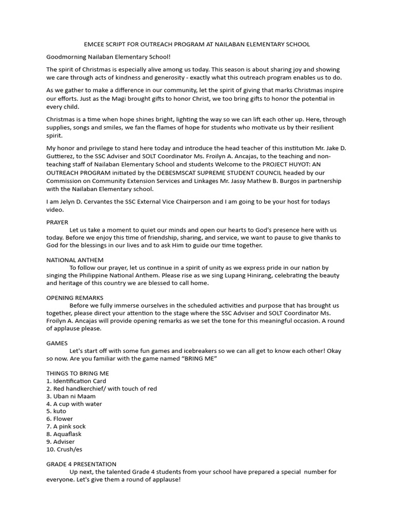 Emcee Script For Outreach Program at Nailaban Elementary School | PDF