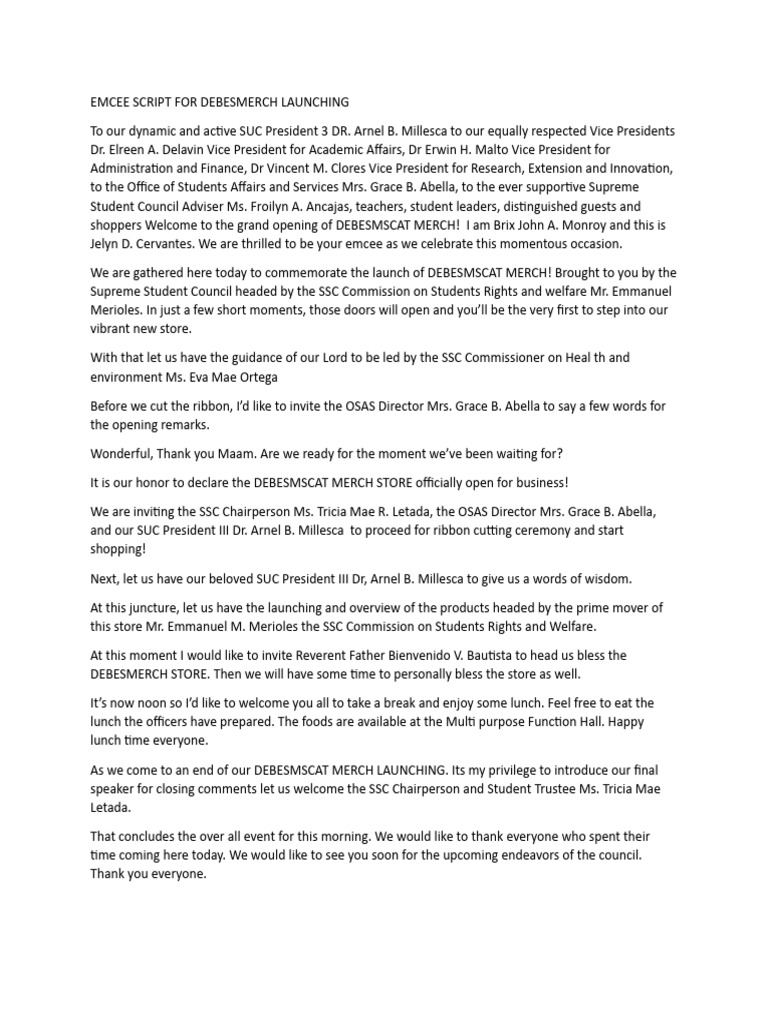 Emcee Script For Debesmerch Launching | PDF