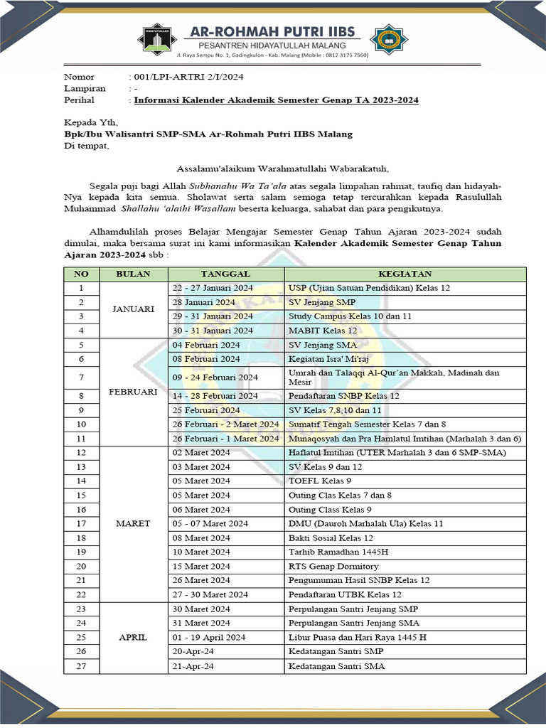 Kalender Akademik Genap 2023-2024 Ar-Rohmah | PDF