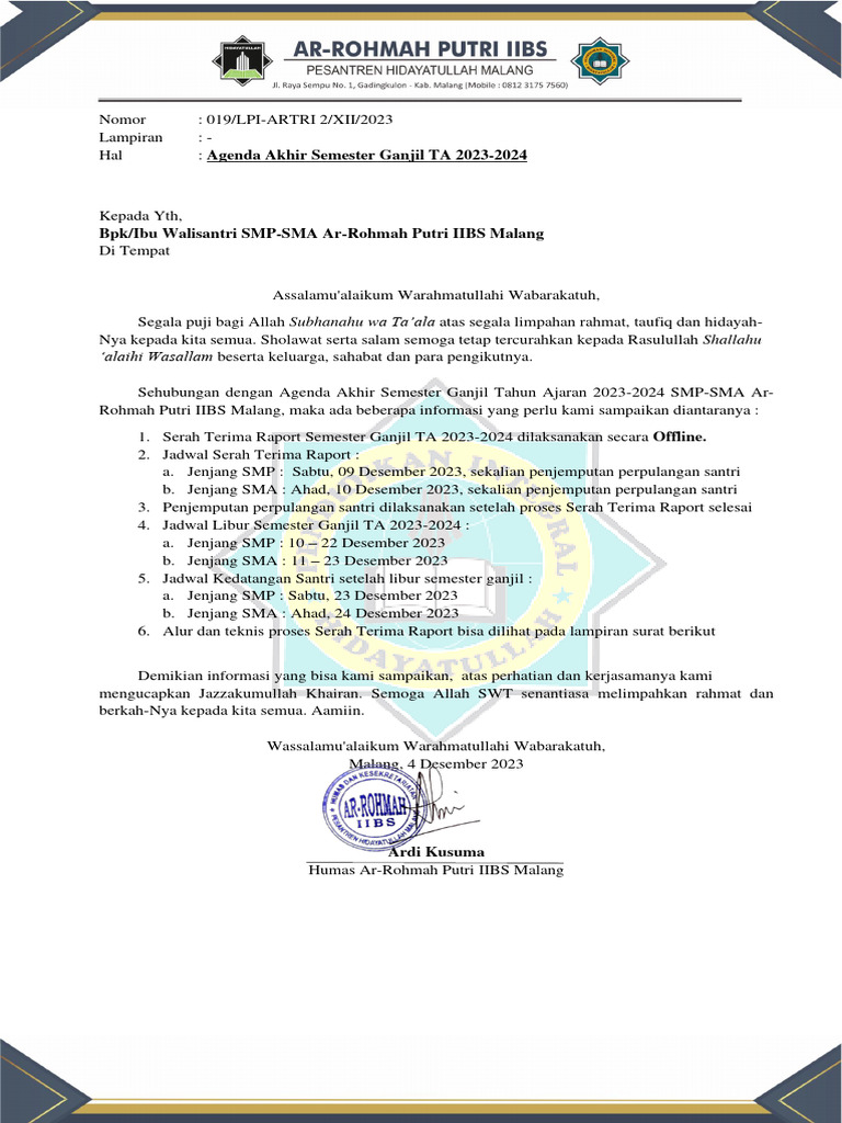 Surat Perpulangan Santri Desember 2023 | PDF Surat Perpulangan Santri Desember 2023 | PDF