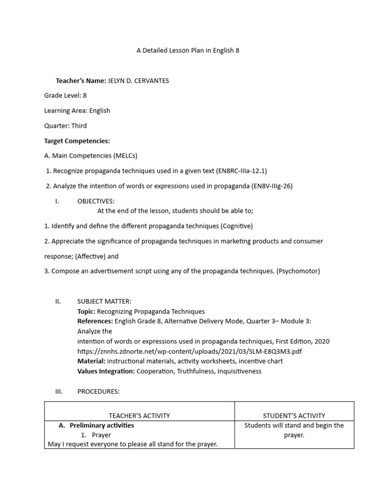 Grade 8 English: Propaganda Techniques Lesson Plan | PDF | Propaganda ...