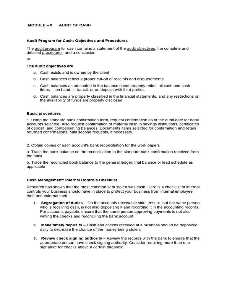Cash Audit Procedures and Controls | PDF | Cheque | Debits And Credits