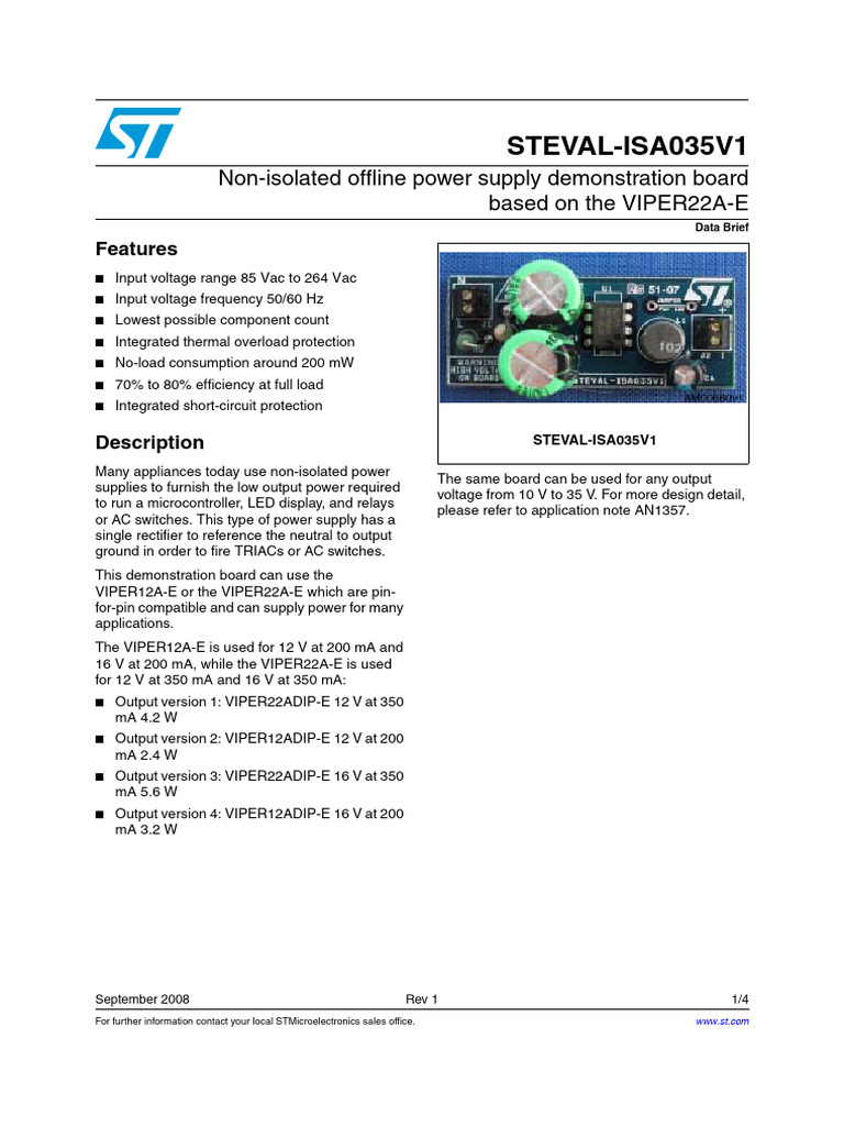 STEVAL-ISA035V1: Non-Isolated Offline Power Supply Demonstration Board Based On The VIPER22A-E ...