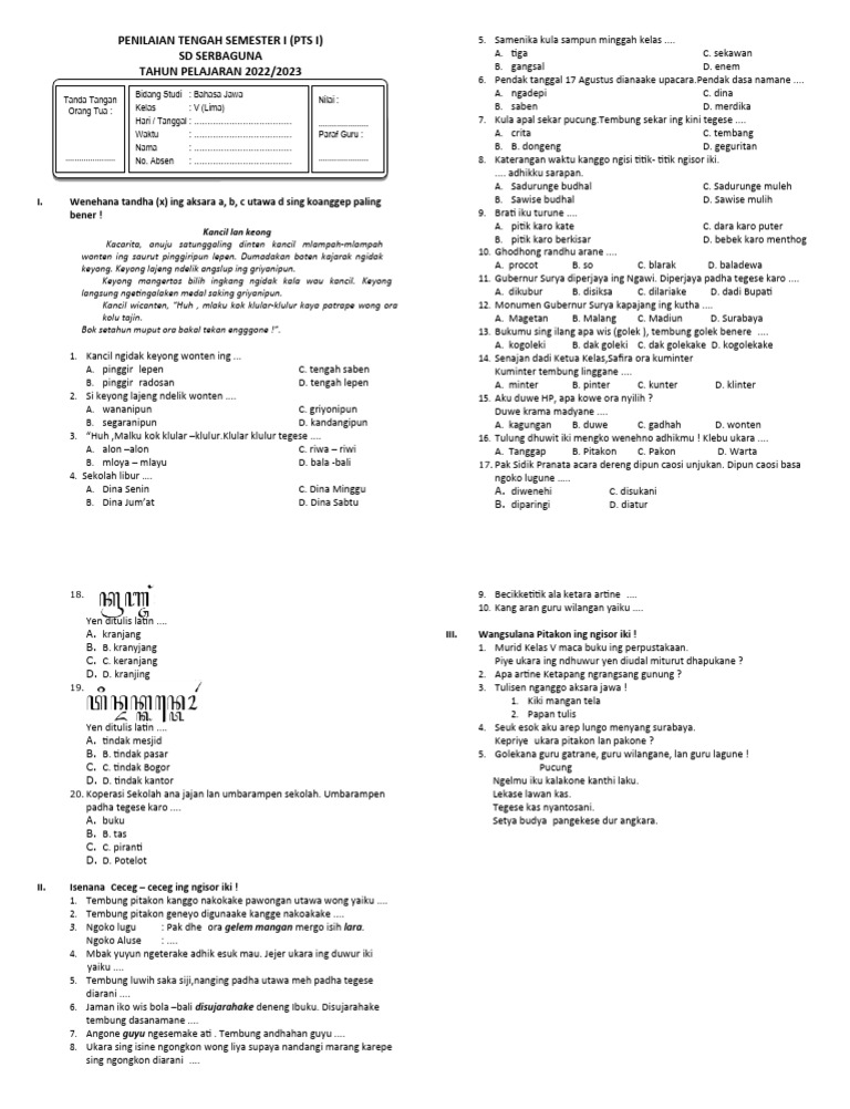 Uts 1 B. Jawa Kelas V | PDF