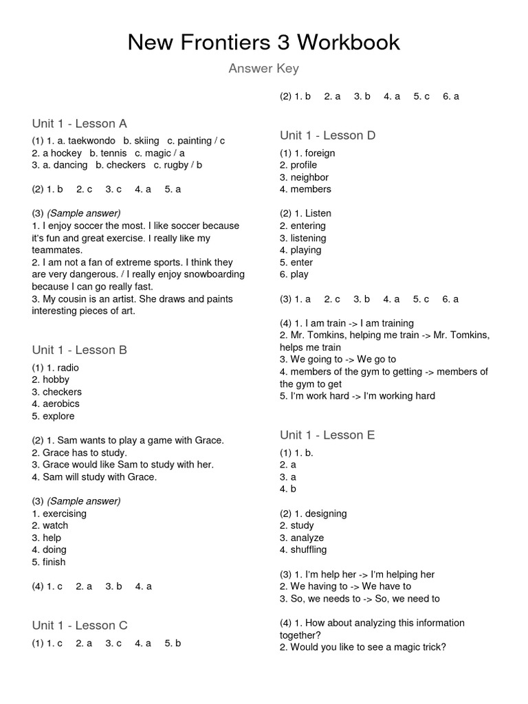New Frontiers 3 Workbook Answers | PDF
