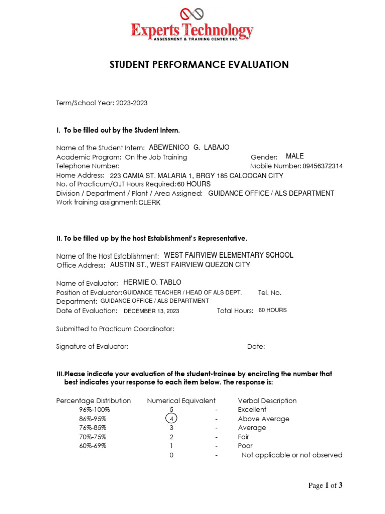 Student Performance Evaluation Form | PDF | Psychology | Cognition