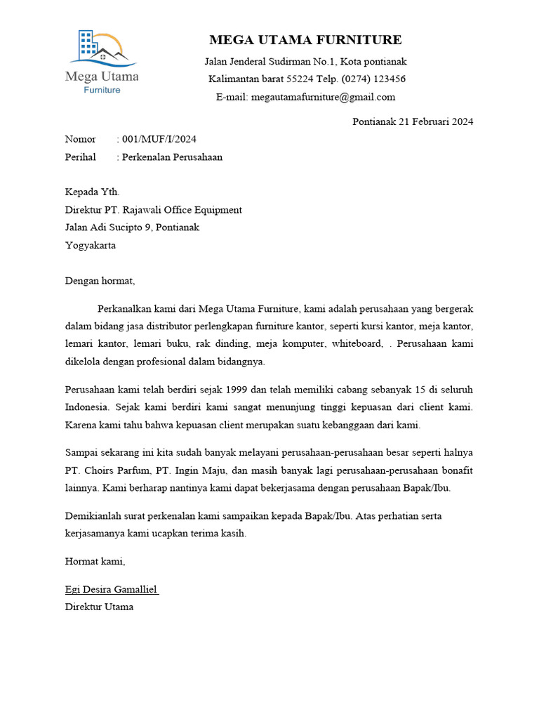 Surat Perkenalan Mega Utama Furniture | PDF