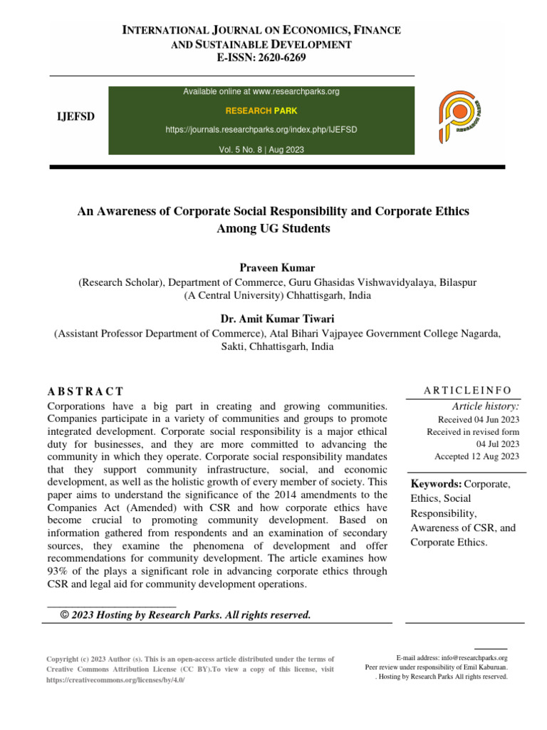 An Awareness of Corporate Social Responsibility and Corporate Ethics Among UG Students | PDF ...