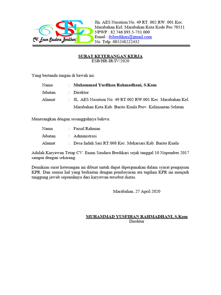 Contoh Surat Keterangan Kerja | PDF